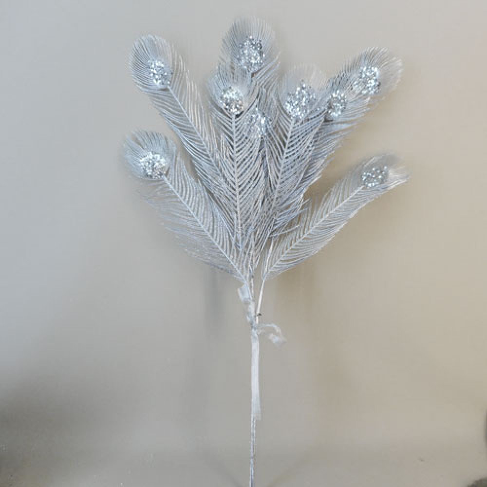 Glitter Peacock Feathers Bundle of 3 Silver | Christmas Decorations