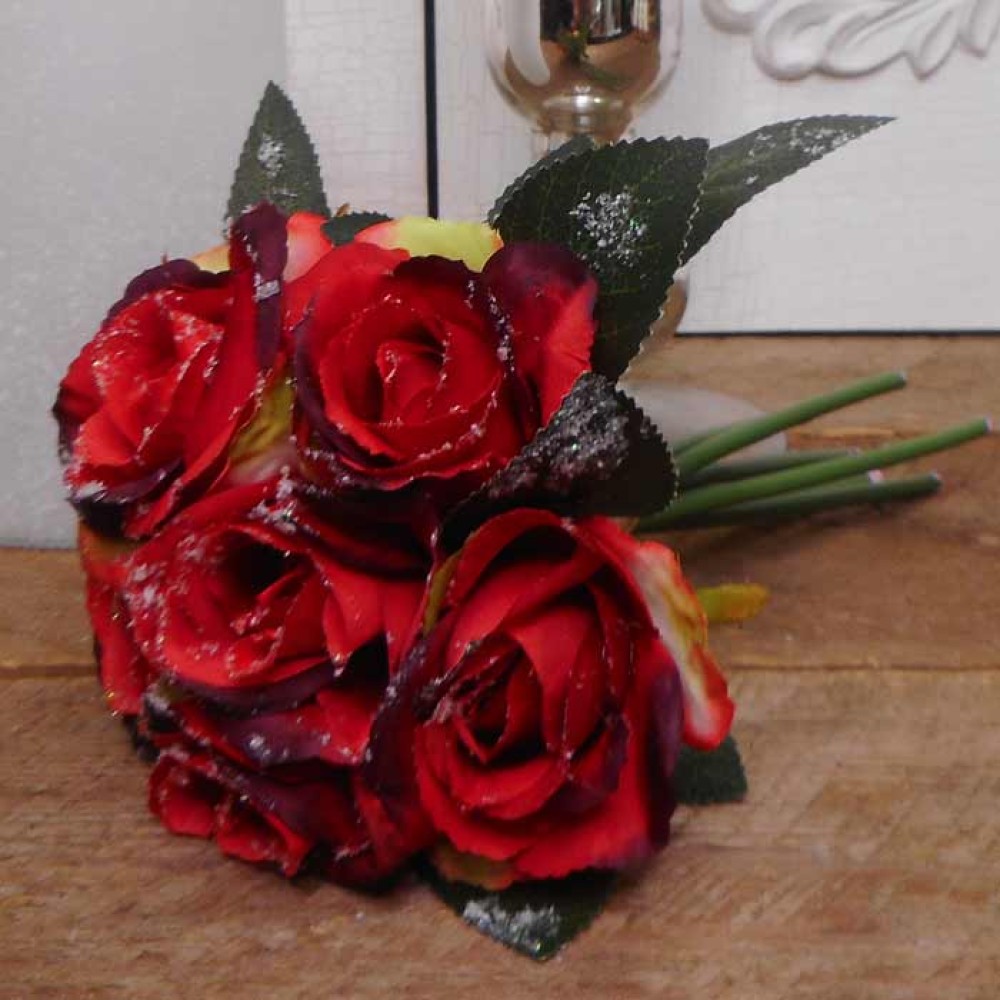 Artificial Rose Buds Posy Red Sparkle | Christmas Flowers