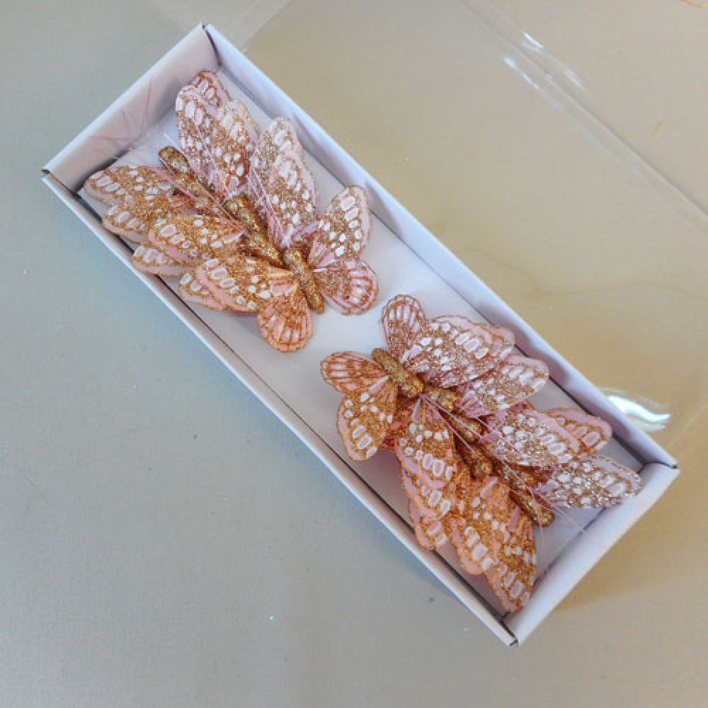 7cm Glitter Butterflies on Wire Stem (12 pack) Rose Gold