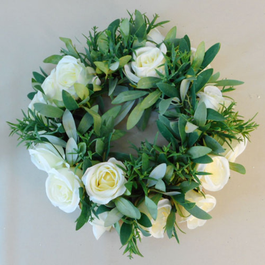 Artificial Eternity Roses and Leaves Wreath or Candle Ring Cream 33cm ...