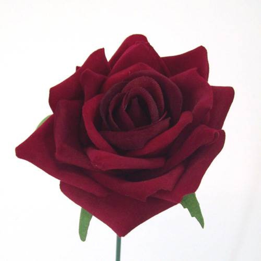 Artificial Flowers | Red Velvet Rose on Wire Stem 20cm