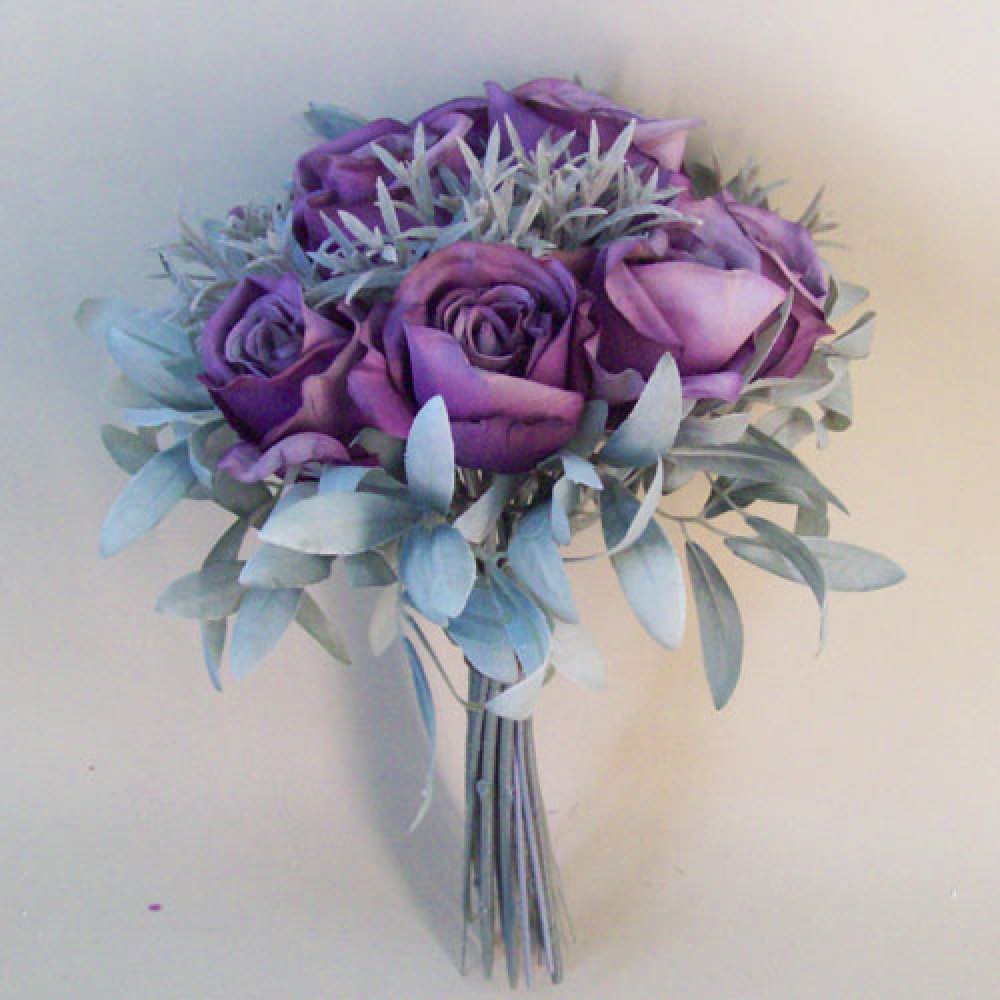 Eternity Artificial Roses Bouquet Aubergine Purple with Grey Green ...