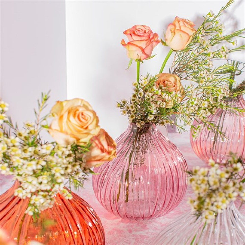 Round Fluted Glass Vase Pink 21cm | Flower Vases