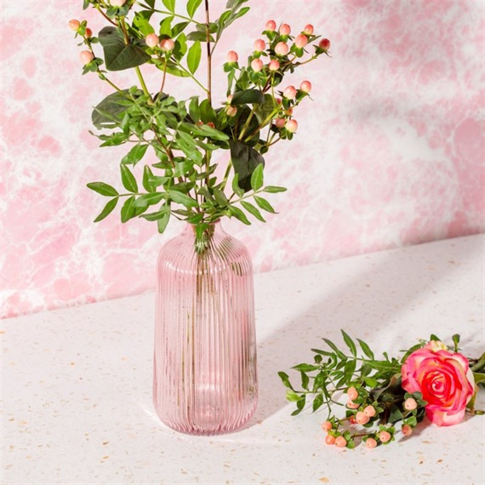 Tall Fluted Glass Vase Pink 21.5cm | Flower Vases