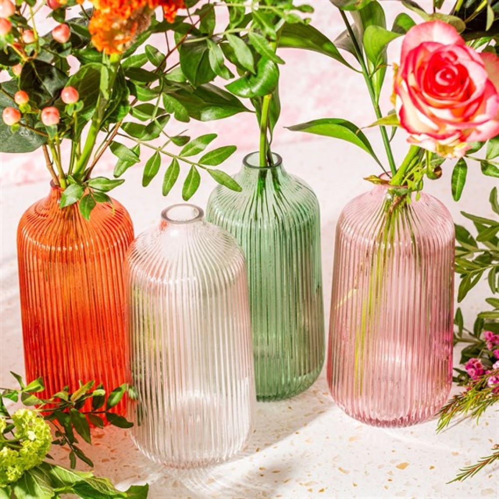 Tall Fluted Glass Vase Pink 21.5cm | Flower Vases